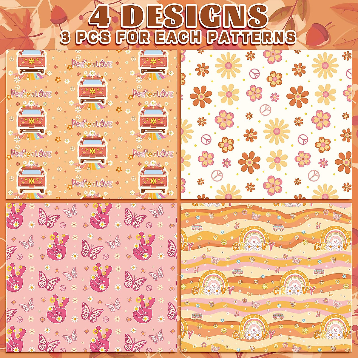 Whaline 12 Sheet Groovy Hippie Wrapping Paper 4 Style Boho Rainbow Daisy Pattern Packaging Paper Retro Groovy DIY Art Craft Paper for Birthday Baby Shower Party, 19.7 x 27.6 Inch, Folded Flat