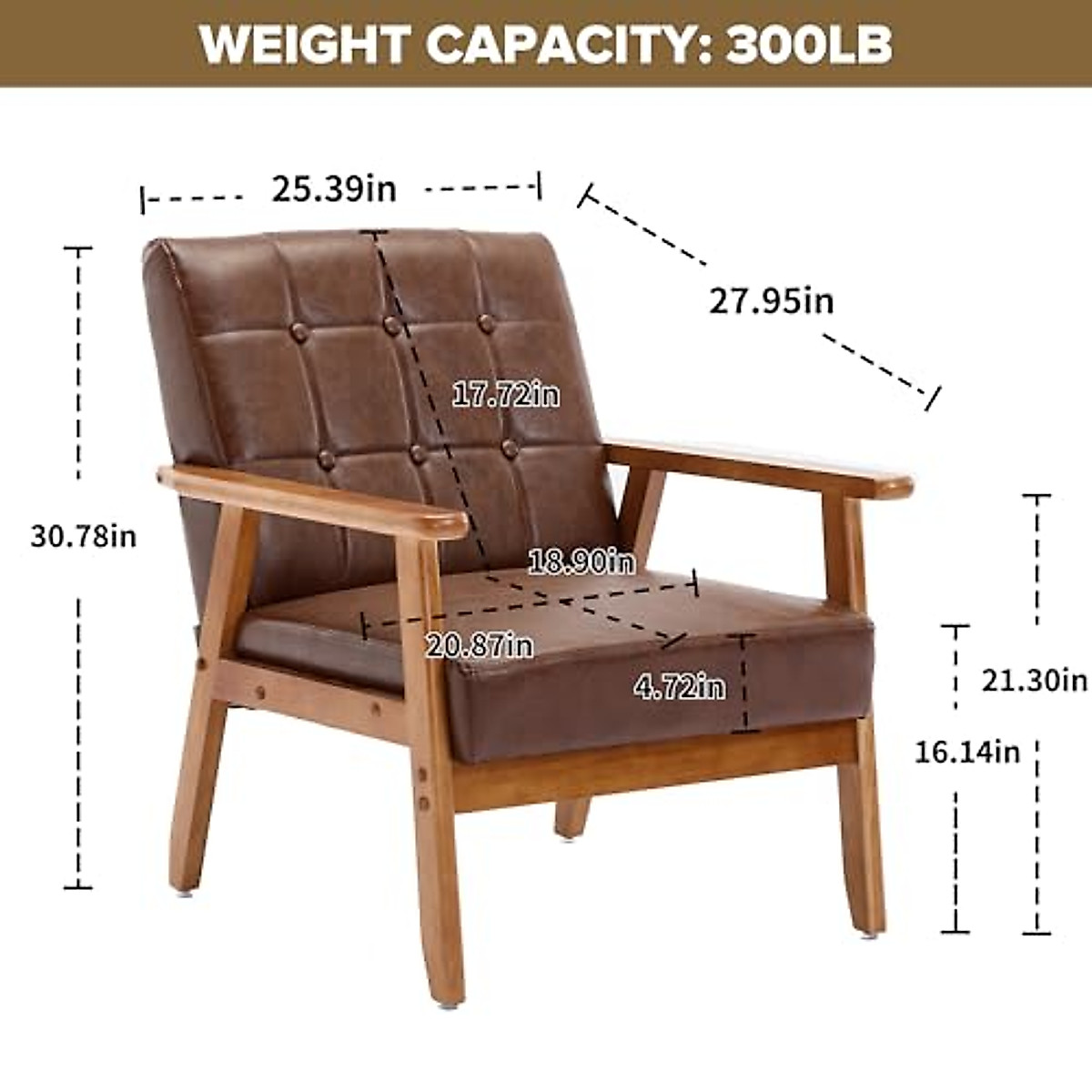 Ufurpie Mid Century Modern Arm Chair with Wood Frame,PU Leather Reading Armchair,Accent Chair for Living Room Bedroom Reading,Easy Assembly,Brown