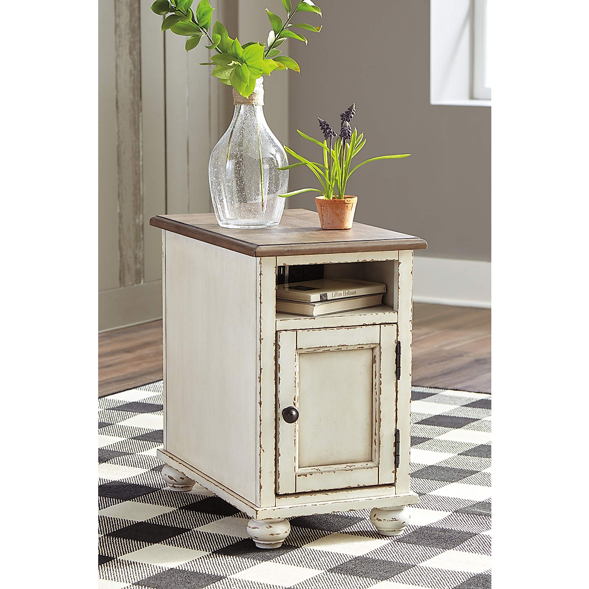 Signature Design by Ashley Realyn French Country Chair Side End Table with Outlets & USB Ports, Cream