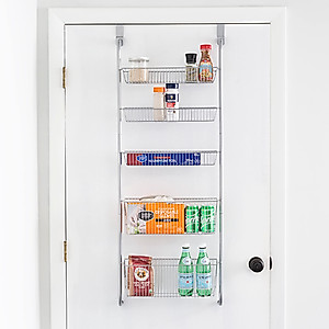 5 Tier Over The Door Pantry Organizer (Silver), By Home Basics | Metal Pantry Door Rack | Hanging Pantry Organizer For Condiments, Spices, Snacks, and Canned Goods