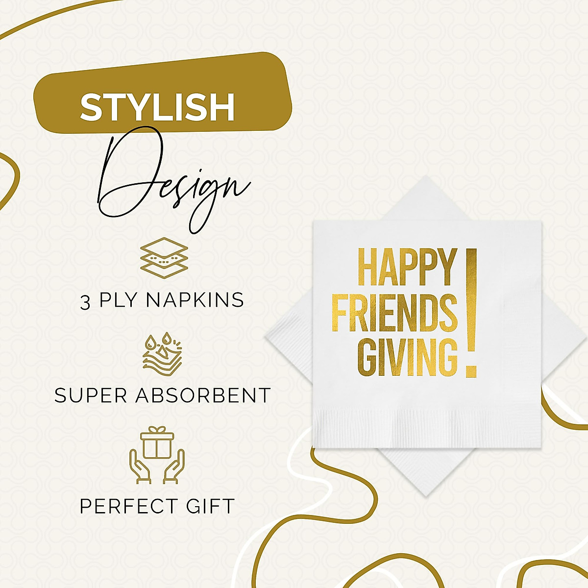 Happy Friendsgiving Napkins 52 Pcs - Gold Foil Friendsgiving Dinner Napkins, Friendsgiving Decorations - 3 Ply Thanksgiving Napkins for Thanksgiving Table Decor