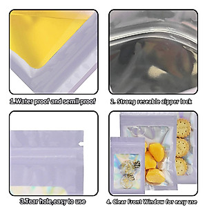 YOTOZU 100-Pack Holographic Resealable Bag Food Storage Aluminium Foil Mylar Smell Bag Plastic Flat Packaging Pouch for Party Favor Food Candy Jewelry Lip Gloss Optional Multi Color(Purple,4.7x7.8)