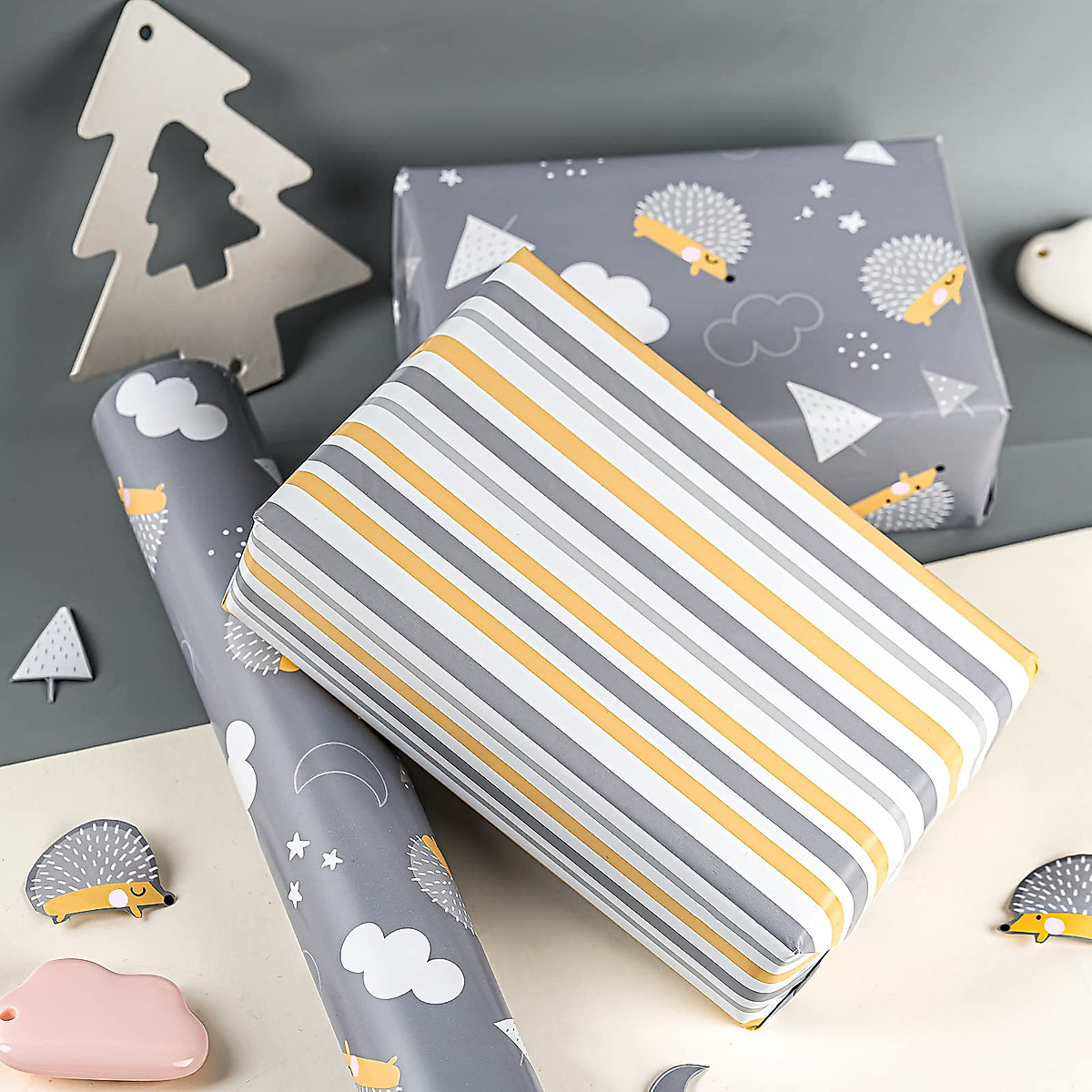 WRAPAHOLIC Reversible Baby Shower Wrapping Paper - Mini Roll - 17 Inch X 33 Feet - Cute Hedgehogs and Stripes Design for Birthday, Holiday, Party