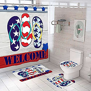 HEDYBARD 4 Pcs Red Blue Star Shower Curtain Set, Beach Themed Art Print of US Flag with Shower Curtain, Non-Slip Soft Flannel Rugs, Toilet Lid Cover, Bath Mat and 12 Hooks for Home Decorations