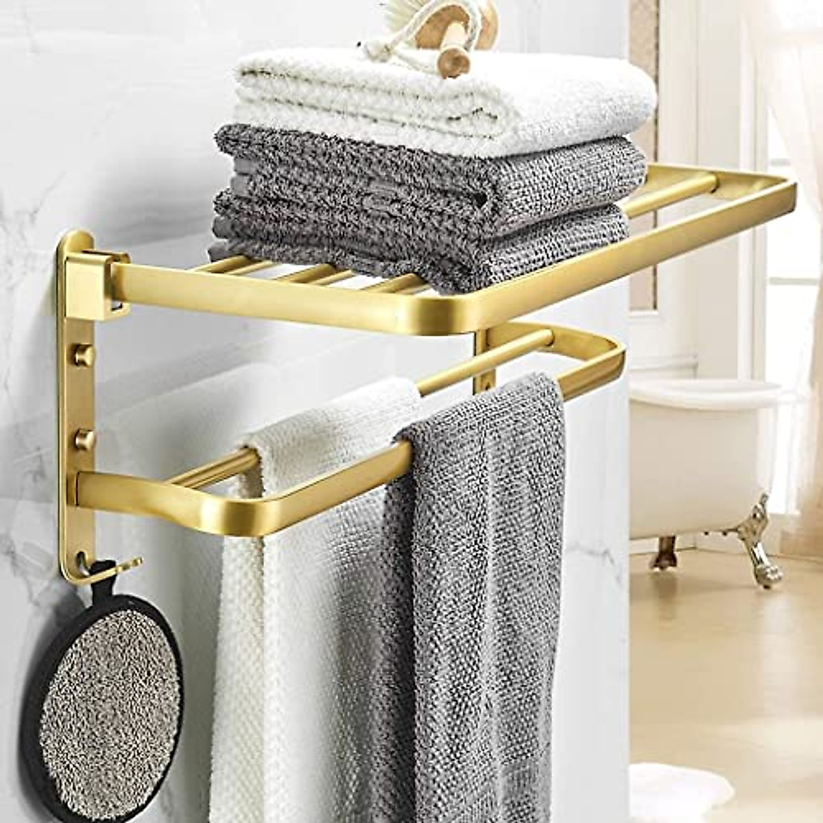INKTUS Towel Rack Towel Bar Space Aluminum Towel Rack 2 Tiers Foldable Bathroom Towel Holder Wall Towel Bar Home Hotel Storage Shelf Punch-Free Towel Shelf Towel Stand