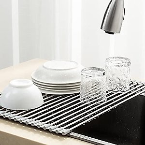 Stainless Steel Roll Up Dish Drying Rack with Sink Cover 17.7" x 13" Over The Sink Drying Rack Foldable 304 Stainless Dish Rack for Kitchen Countertop Dish Drainer Kitchen Sink Accessories and Gadgets