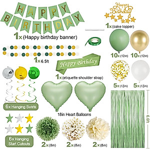 Torerun Upgraded Sage Green Birthday Party Decorations Olive Green and Gold Balloons with Happy Birthday Banner Sash,Cake Topper,Fringe Curtain,Star Hanging Swirls for Women or Girls