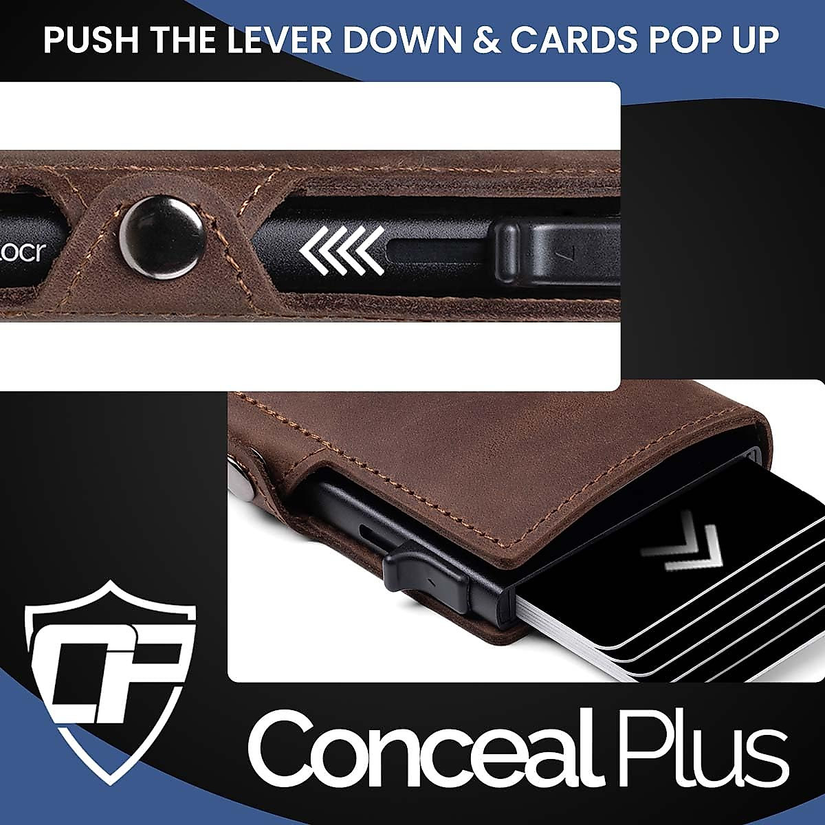 Conceal Plus Wallet for Men, Pop Up Wallet Credit Card Holder - RFID Blocking, Slim Minimalist Credit Card Case (Distressed Brown Genuine Leather)