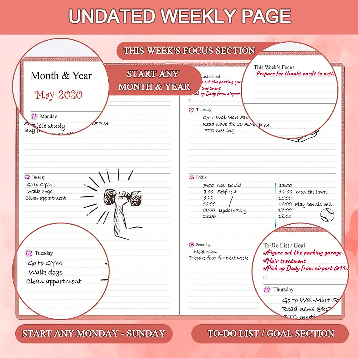 Hardcover Undated Planner for Any Year - Weekly & Monthly Planner & Journal to Track Goals, Perfect to Organize Your Daily Life, 5.85" x 8.25", Rose