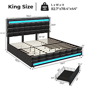 BTHFST King Size Bed Frame with LED Lights,PU Leather Bed with Storage Drawers & Adjustable Headboard,Platform Bed with Power Outlets,Noise-Free,Black