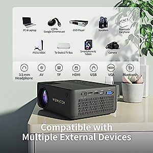 WEWATCH Native 1080P Mini Projector, 13500 Lumens Portable WiFi Bluetooth Projector, with 12 inch Tripod Stand, Movie Projector for Home Outdoor Compatible with TV Stick, HDMI, iOS Android