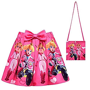 Princess Peach Girls Skirt Super Cute Cartoon Short Sleeve Kids Tutu Skirt Dance Dress 2Pcs Outfit Top Tee (as1, Age, 7_Years, 8_Years, Red)
