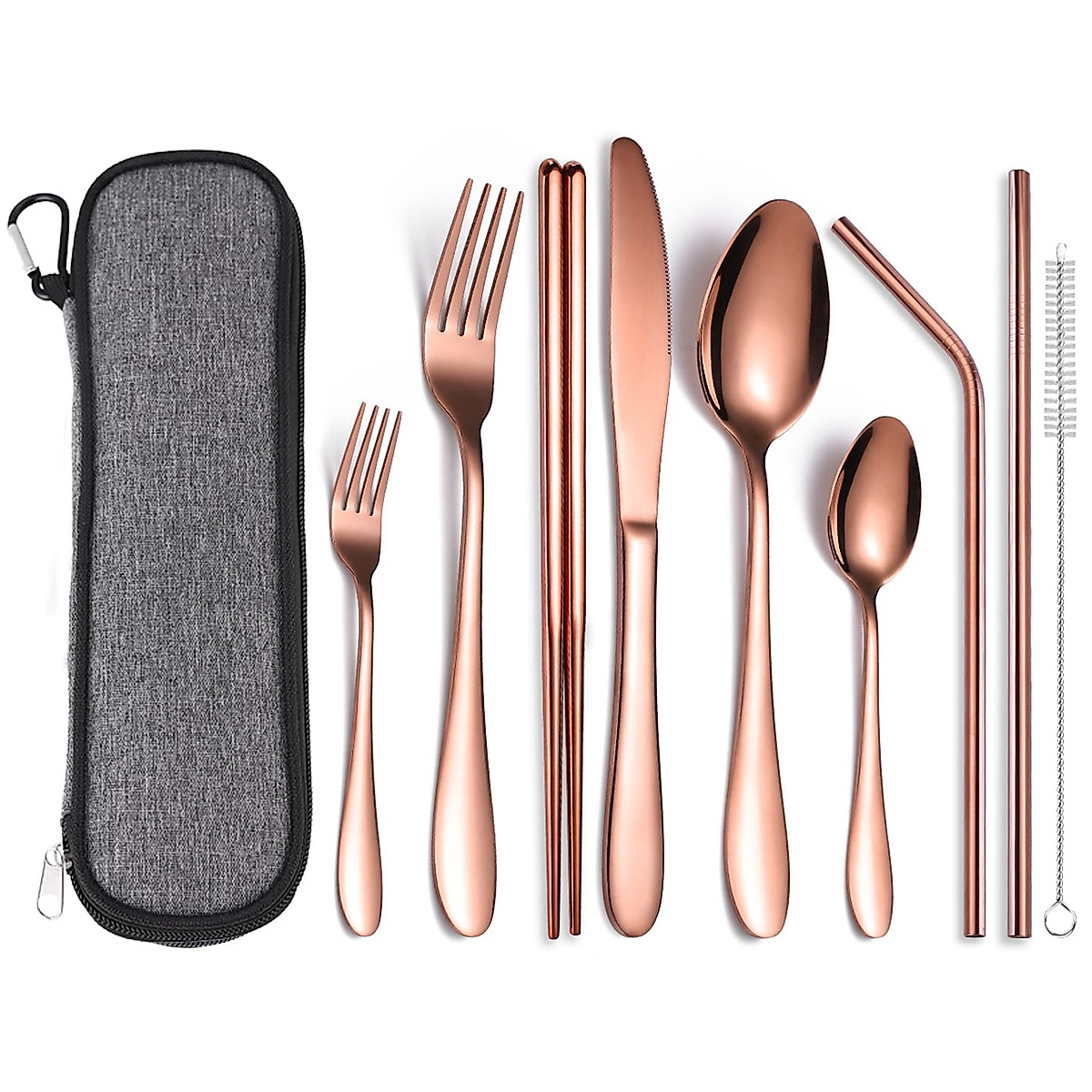 AARainbow 9 Pieces Stainless Steel Flatware Set Portable Reusable Cutlery Set Travel Utensils Set Including Chopsticks Knife Fork Spoon Straws Cleaning Brush Dishwasher Safe (9 Rose Gold)
