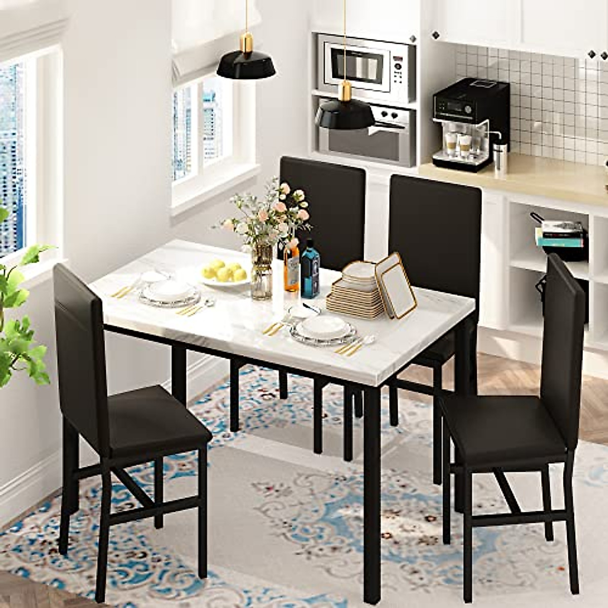 Hooseng Dining Table Set for 4- Space Saving Kitchen Table and Chairs for 4, Modern Style Faux Marble Tabletop & 4 PU Leather Chairs, Perfect for Dining Room,Breakfast Corner Small Spaces,Brown&White
