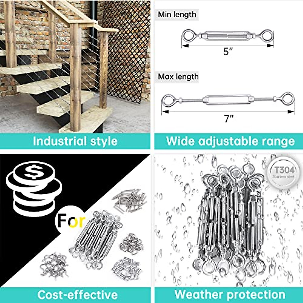 Muzata 20Set 1/8" Cable Railing Kit Hardware Heavy Duty Turnbuckle M5 Eye to Eye for Wood Post Wire Rope Stainless Steel Angle Adjustable WoodLoft System Deck Stair 20 Cable Lines CK01,CA4 CA5