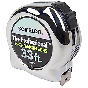 Komelon 433IEHV High-Visibility Professional Tape Measure both Inch and Engineer Scale Printed 33-feet by 1-Inch, Chrome