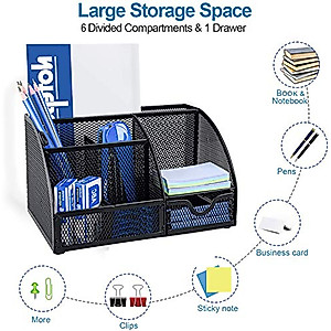 Mesh Desk Organizer, Refand Desktop Office Supplies Multi-Functional Caddy Pen Holder Stationery with 6 Compartments and 1 Drawer for Office, Home, School, Classroom