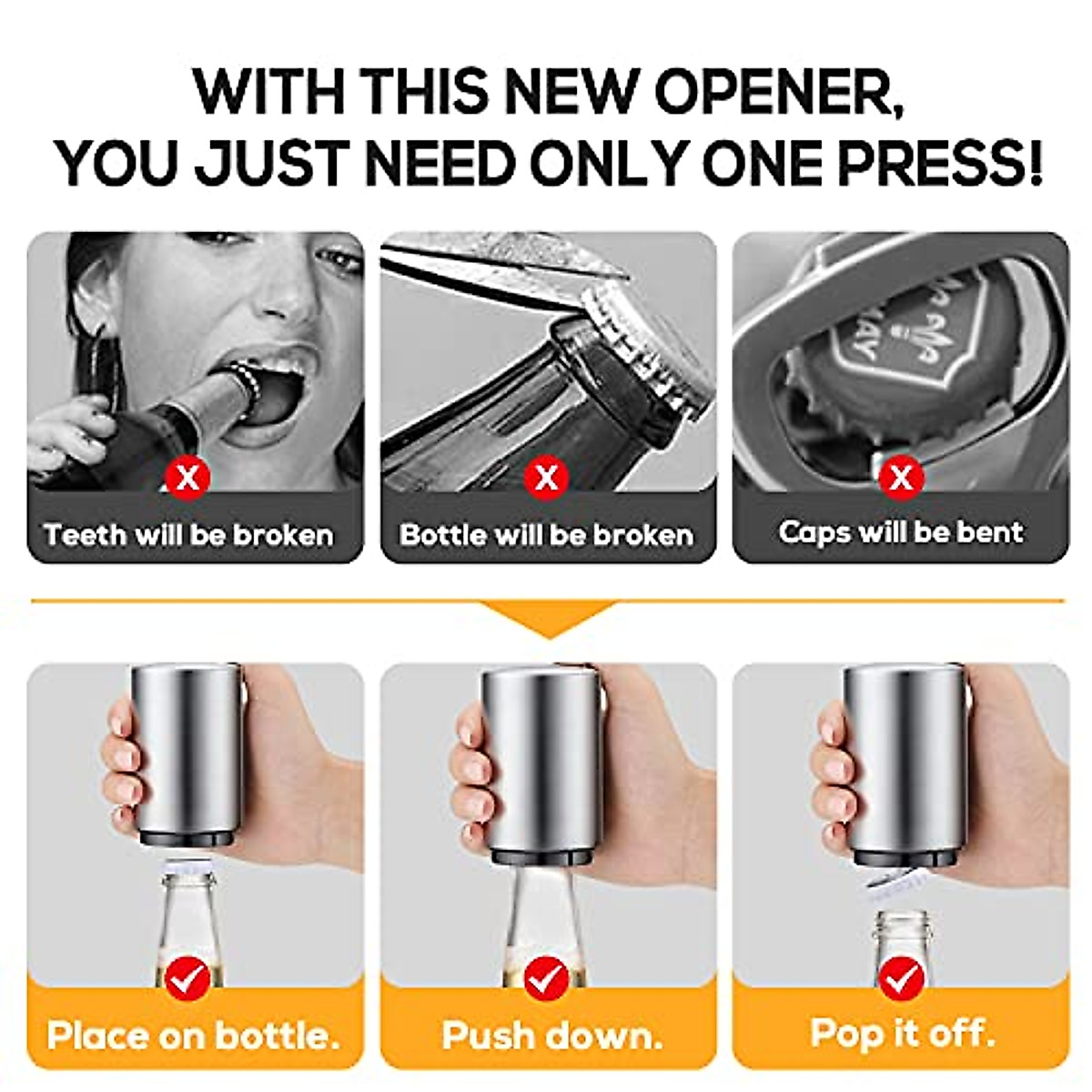 Swaytail Premium Beer Bottle Opener, Stainless Steel, Automatic Wine Bartender Tool, Press & Pop Lid Open, Potable, No Damage, Quick Open Cap for Kitchen Home Bar Restaurant Household Utensils