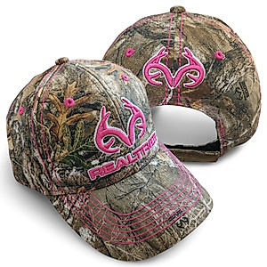 Realtree 3D Pink Antler Logo Hunting Camo Cap Hat Visor, RT Edge, Ladies Fit, Low-Mid Profile Structured, Wicking Sweatband, Vel-cro Back