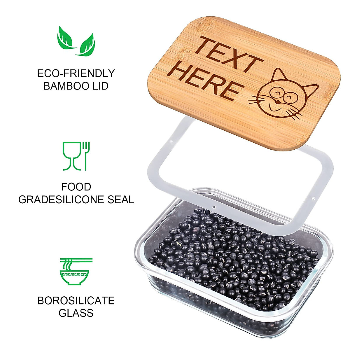 NGTSFLY Glass Food Storage Containers with Bamboo Lids, Custom Engraved Lids - Airtight, Glass Meal Prep Containers (12.5 oz / 370 ml)