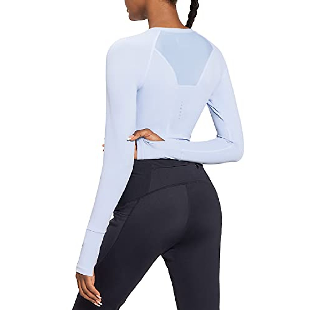 BALEAF Women's Workout Top Long Sleeve Crop Top Athletic Cropped Pullover for Running Gym Yoga Blue M
