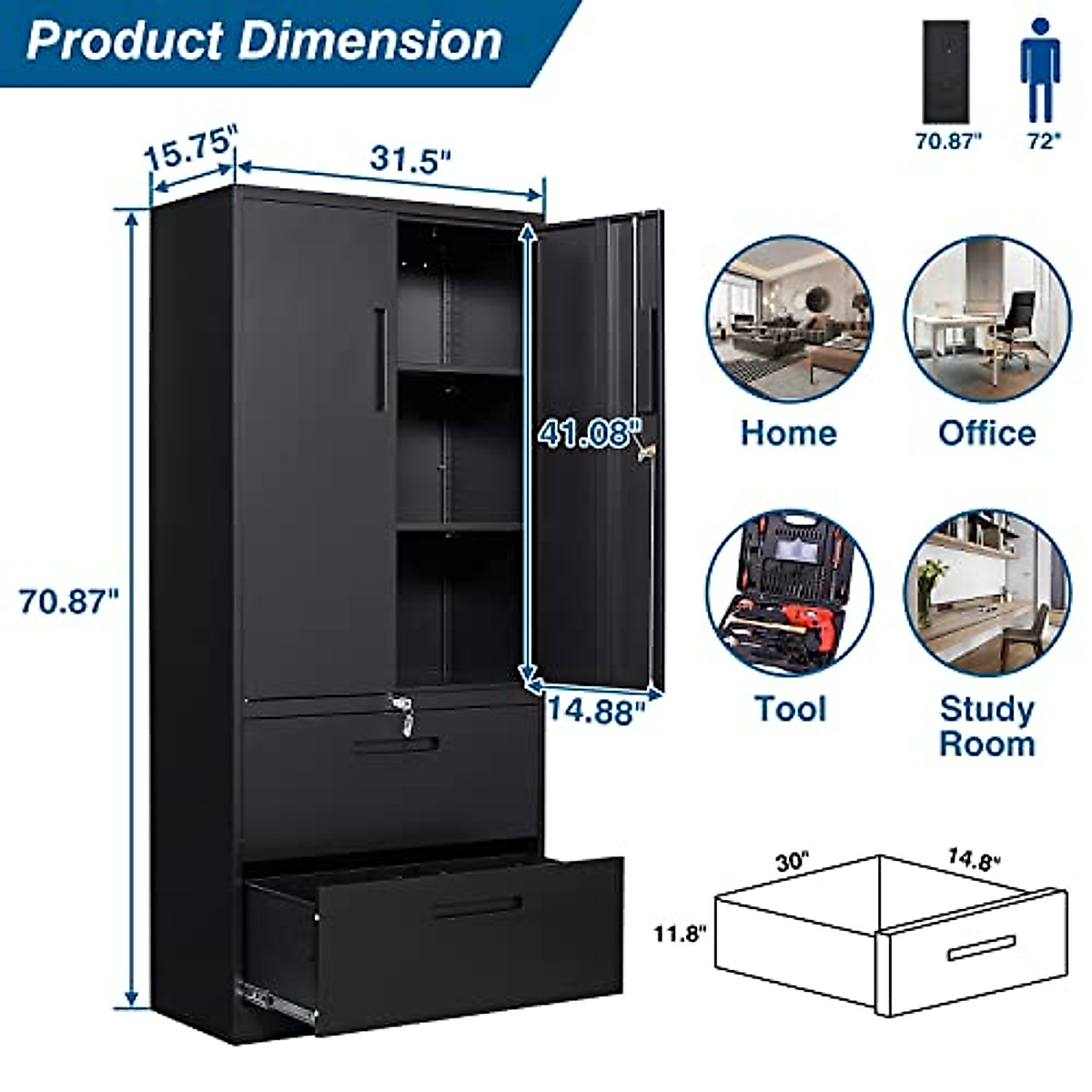 PEUKC 2-Drawer Metal File Cabinet, Lateral Vertical Filing Cabinets for Home Office, Locking File Cabinet with Storage Shelves, Legal/Letter/A4 Size Offcie File Cabinet, (Black, Assemble Required)