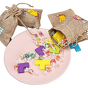 DIYASY 36 Pcs Easter Burlap Goody Bags,Egg Bunny Chick Treat Drawstring Linen Bags for Easter Party Favor.