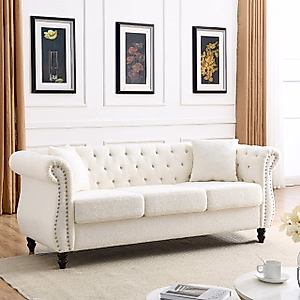 Xozor 80" Chesterfield Sofa,3 Seater Sofa Tufted Couch Upholstered Sofa Couch,with Rolled Arms and Nailheads,Two Pillows, for Living Room, Bedroom, Office, Apartment. Teddy White
