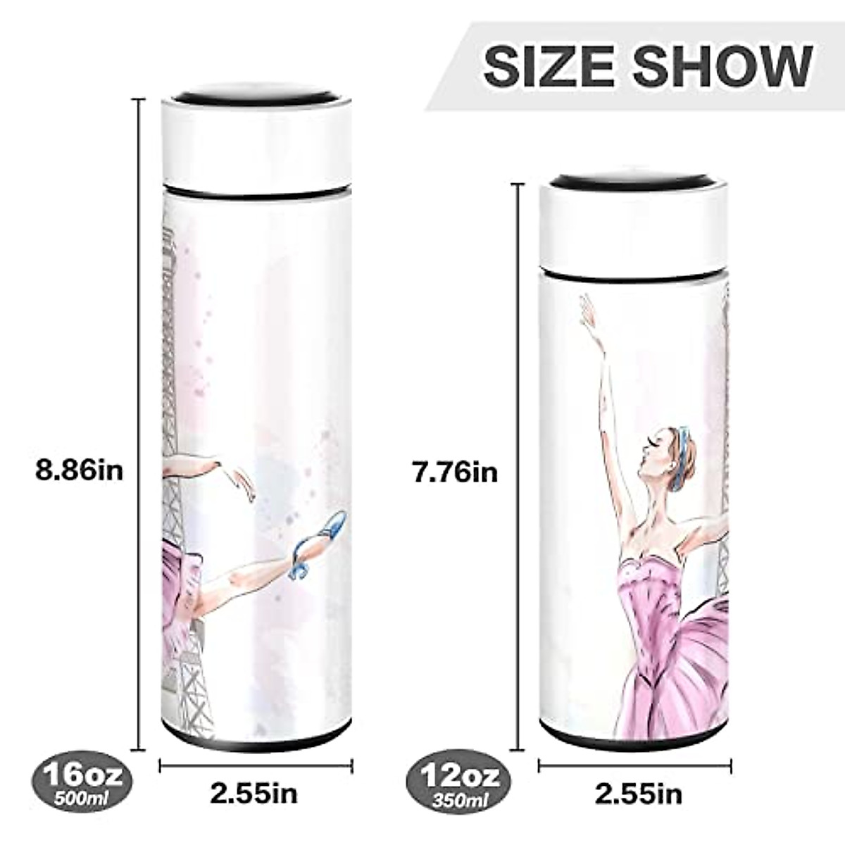 CaTaKu Eiffel Ballet Dancer Water Bottle Insulated 16 oz Stainless Steel Flask Thermos Bottle for Coffee Water Drink Reusable Wide Mouth Vacuum Travel Mug