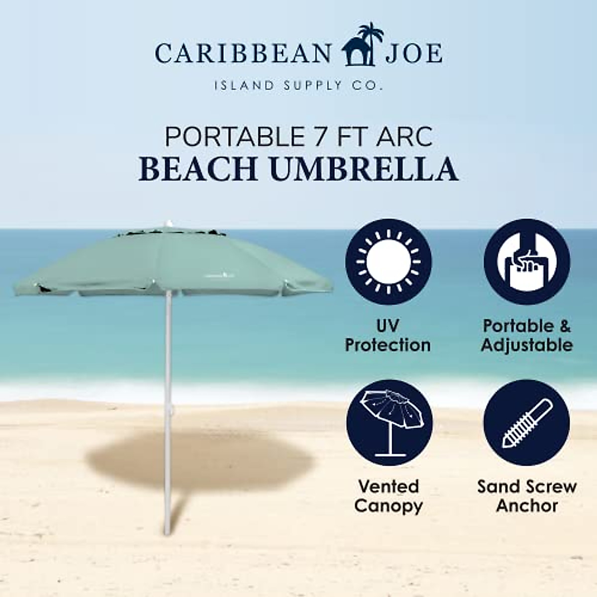 Caribbean Joe Chaby International Portable, Adjustable Tilt Beach Umbrella with UV Protection, Mint, 7 FT