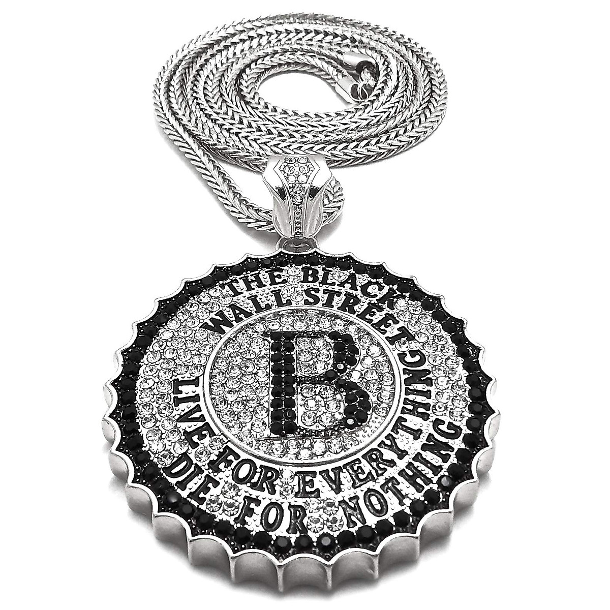 GWOOD Black Wall Street Pendant with Crystal Rhinestones and Silver Color 36 Inch Franco Necklace