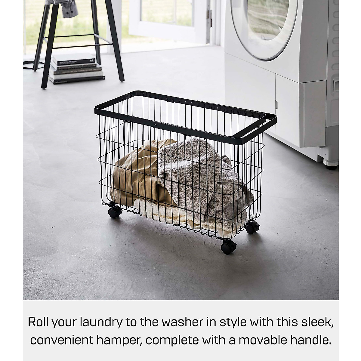 YAMAZAKI Home Small Rolling Laundry Basket Metal Hamper Cart with Wheels and Handle | Steel, One Size, Black