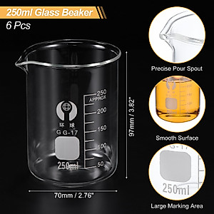 PATIKIL 250ml Low Form Glass Beaker, 6 Pack 3.3 Borosilicate Glass Graduated Printed Scale Measuring Cups with Spout for Kitchen Lab Liquids