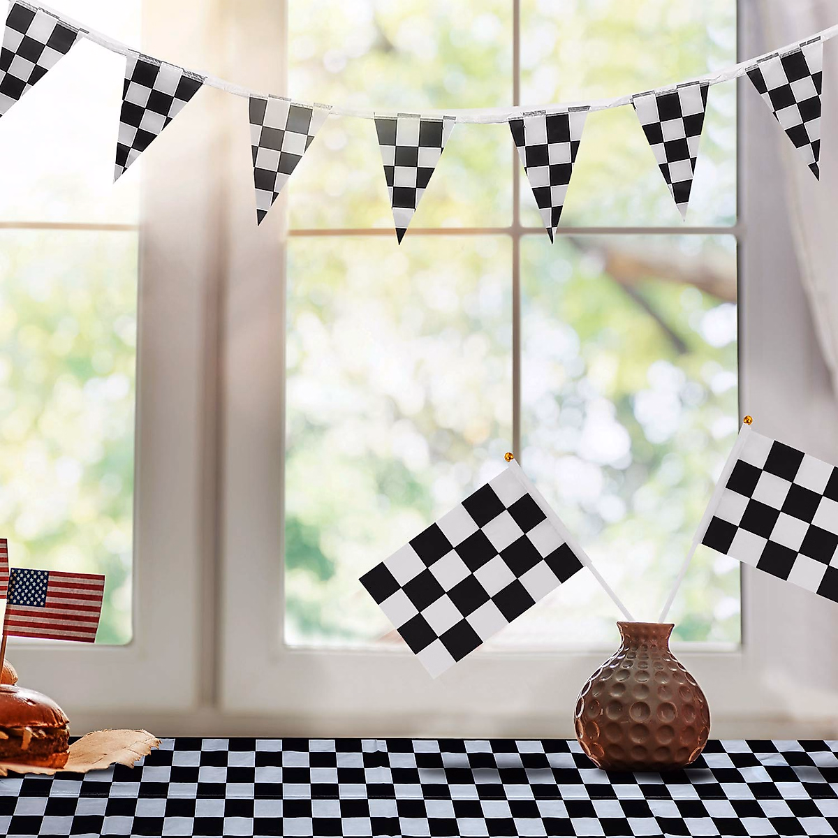 Checkered Flags Set, Race Car Flags Party Supplies Decorations Include 10 Packs Checkered Flags, 32 ft Checkered Race Flag Banner, 2 Packs Table Covers for Checkered Racing Flag Birthdays Party
