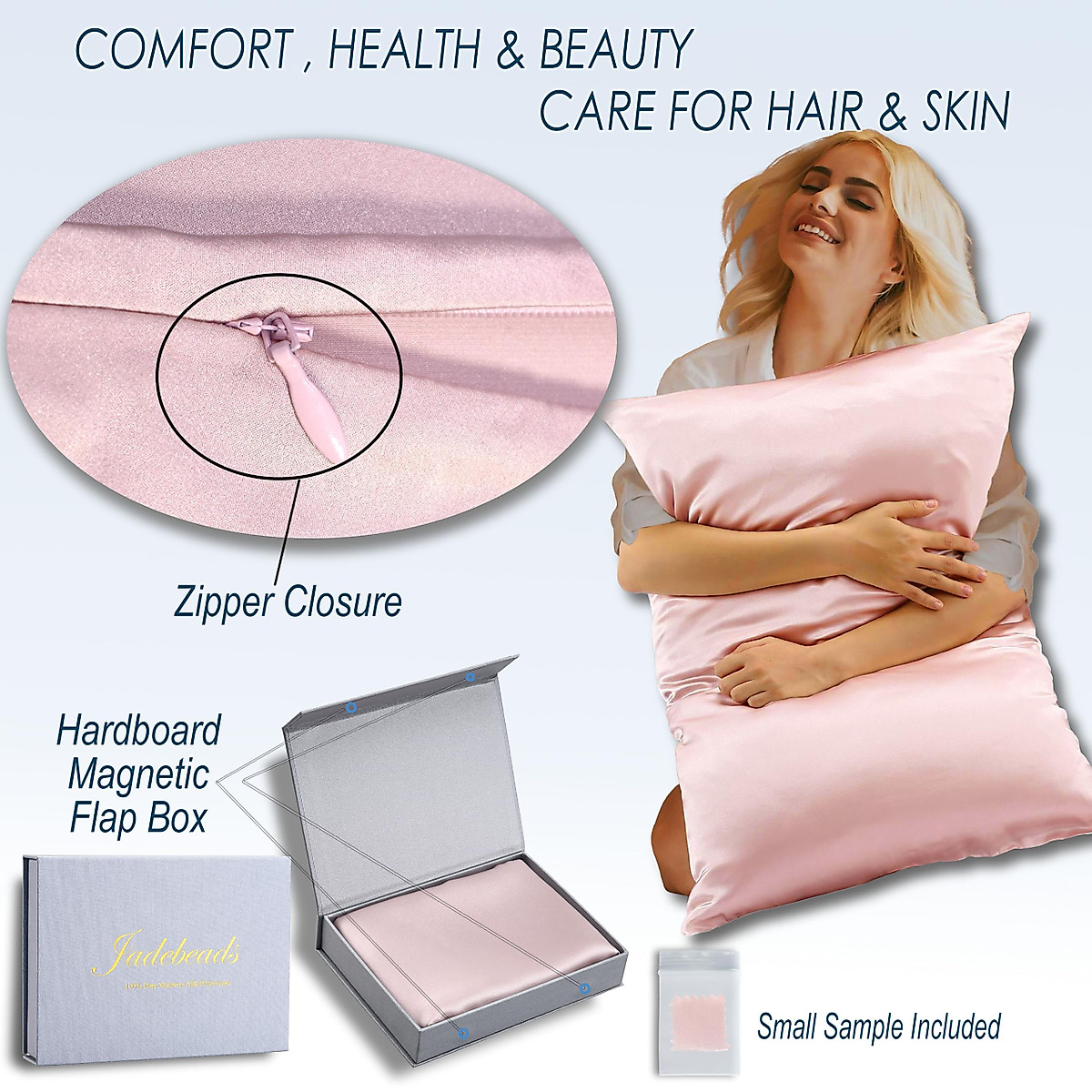 Jadebeads 100% Pure Mulberry Silk 22Momme Luxurious Pillow Cases for Hair and Skin Pink Silk Pillowcase with Zipper Silk Pillow Covers 1 Pack for Gifts (Standard 26"x 20")