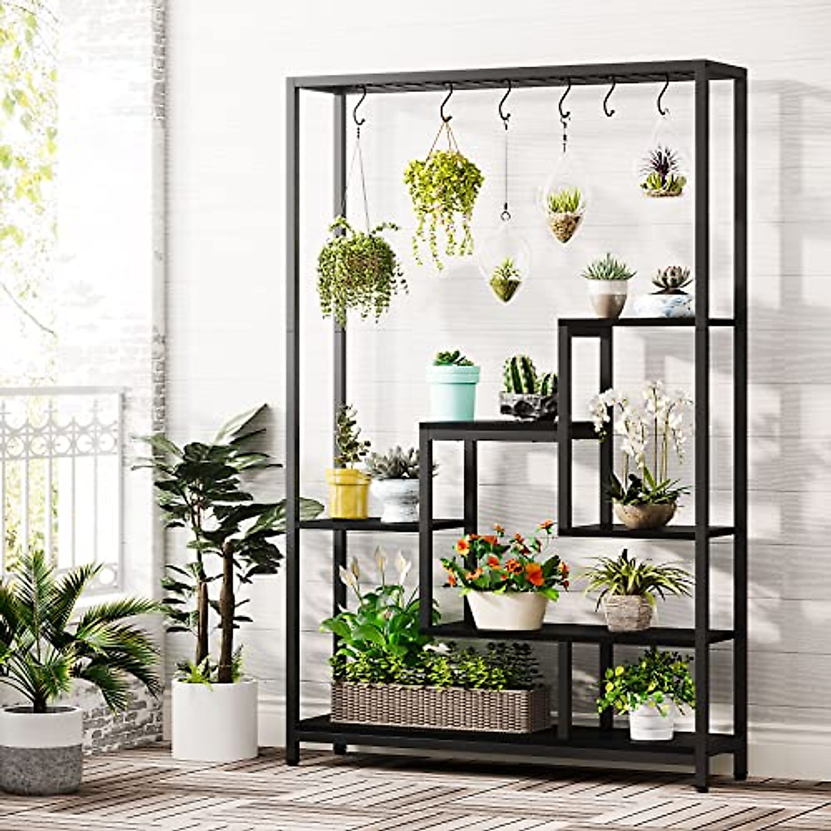Tribesigns 5-Tier Tall Indoor Plant Stand, 70.9 inches Large Metal Plant Shelf with 6PC S Hanging Hooks, Multi-Purpose Flower Bonsai Pots Display Rack for Indoor, Garden, Balcony, Living Room, Black