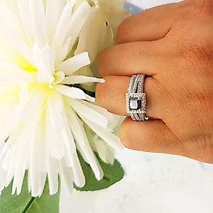 Dazzlingrock Collection 1.35 Carat (Cttw) Princess Black & Round White Diamond Split Shank Halo Wedding Ring Set for Women in 14K Solid White Gold, Size 8