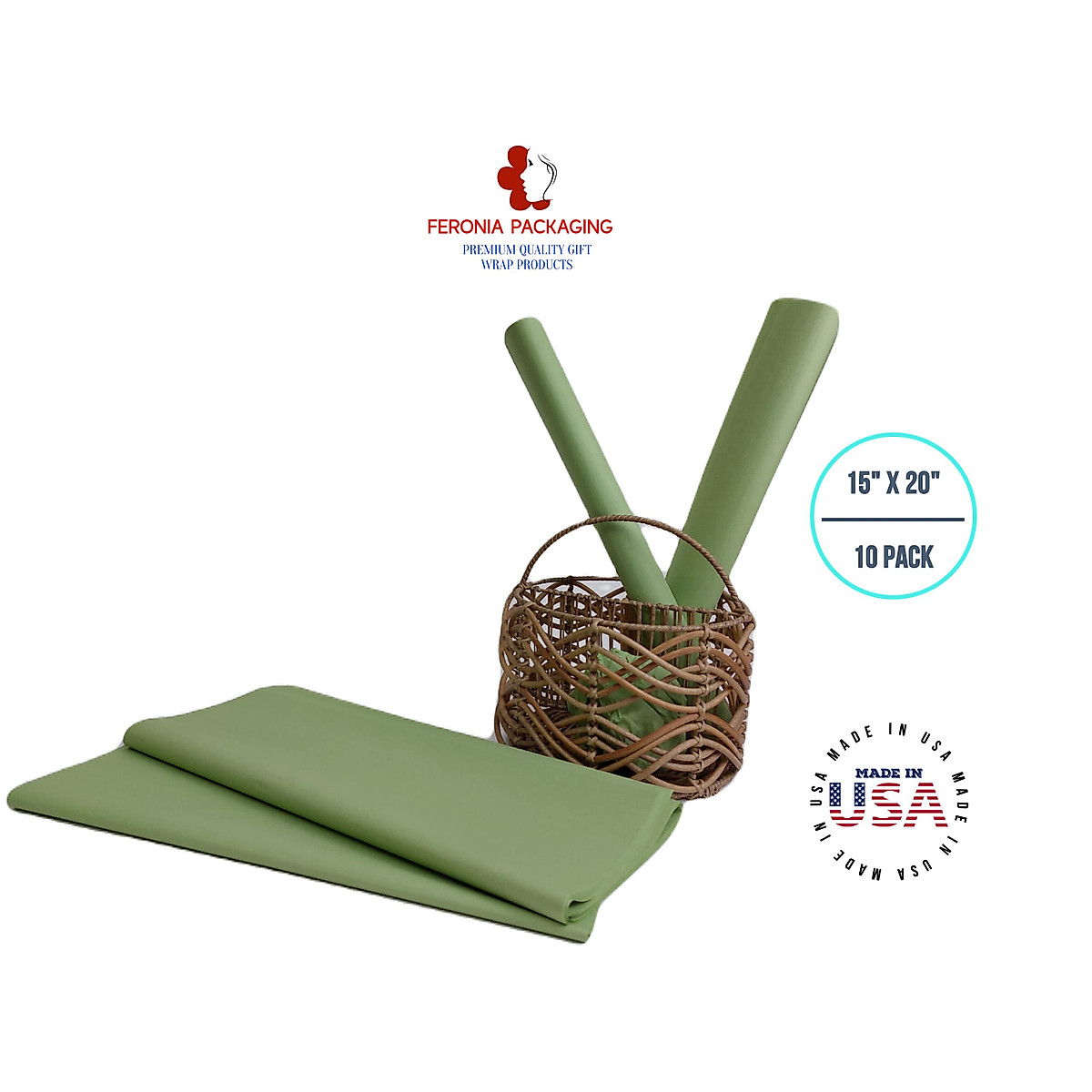 Feronia packaging Sage Tissue Paper Squares, Bulk 10 Sheets, Premium Gift Wrap and Art Supplies for Birthdays, Holidays, or Presents, Large 15 Inch x 20 Inch Made in USA