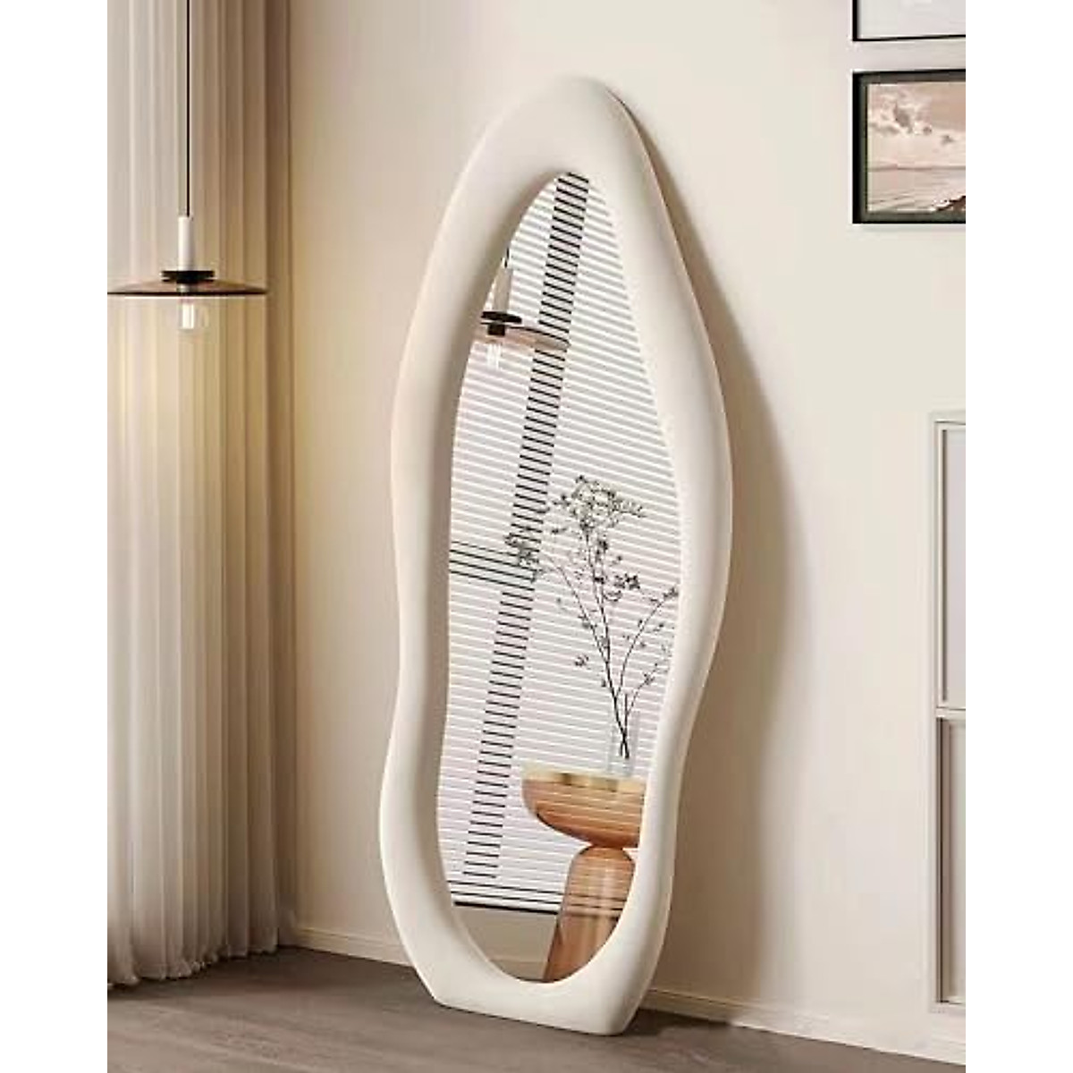 BEVERDY 63" x 24" Full Length Mirror with Stand, Wall Mounted or Floor Standing, Cloud Shape, Flannel Wrapped Wooden Frame, Irregular Full Body, White