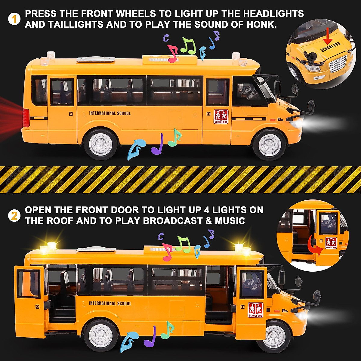 Ming You School Bus Toy for Toddlers - 9" Die-cast Pull Back Cars with Sounds Lights and Openable Doors, School Bus Toys for Kids Ages 4-8