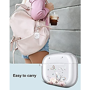 JAHOLAN AirPods 3 Case Clear Butterfly Case Cute Protective Soft Shockproof Cover with Keychain for Women Girls Compatible with AirPods 3rd Generation Wireless Charging Case - Butterfly Flower Pink