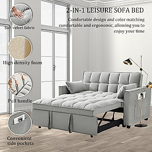 WEAGP 3 in 1 Sleeper Sofa Couch Bed, Velvet Convertible Loveseat Sleeper Sofa with 3 Level Adjustable Backrest, Storage Pockets, Toss Pillows, Pull Out Loveseat Sleeper for Living Room, Grey
