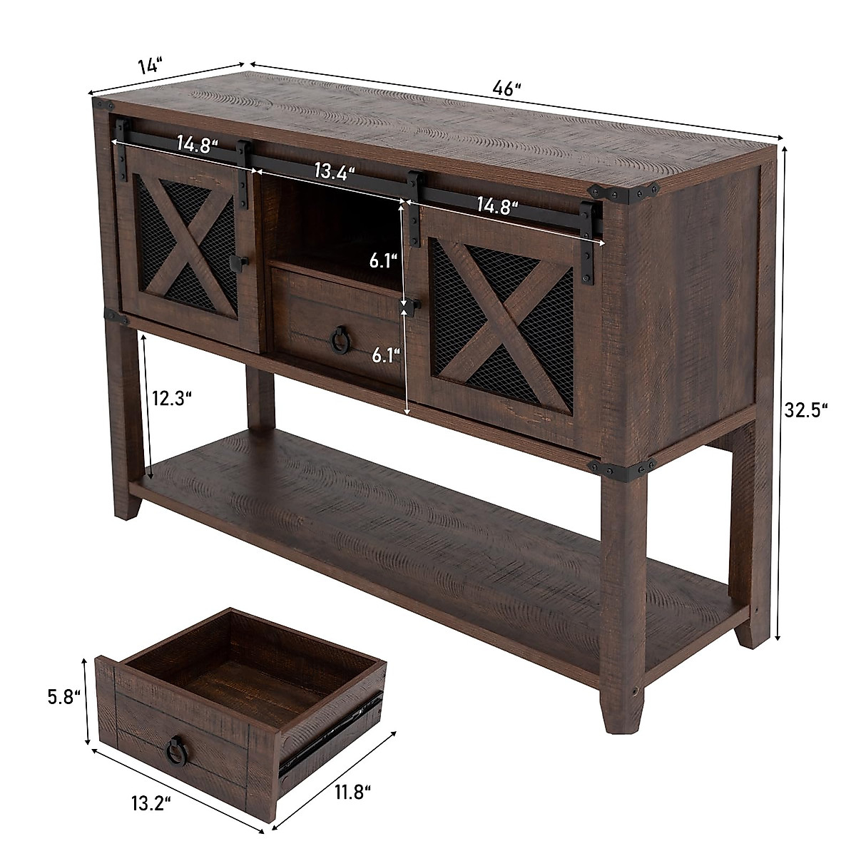 Hlivelood Farmhouse Entryway Table with 2 Sliding Barn Doors & Drawer, 46'' Rustic Console Table with Storage, Open Shelf Space, Industrial Sofa Table for Living Room, Entryway, Hallway, Brown