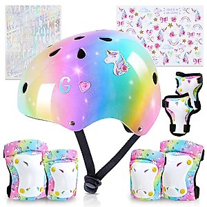 Kids Helmet, Toddler Bike Helmet with DIY Stickers Unicorn Knee Pads and Elbow Pads Set Adjustable Protective Gear Set for Girls Age 3-5-8 Years
