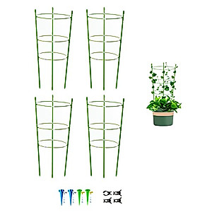 4 Pack Garden Plant Support Tomato Cage, Upgrade 18" Trellis for Climbing Plants, Plant Trellis Kits with 4 Self Watering Spikes and 20 Plant Clips (18")