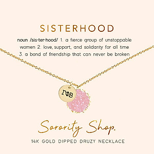 Sorority Shop GPB Necklace - Gamma Phi Beta Pink Druzy Gemstone Necklace With Engraved Pendant – 14K Gold Dipped Jewelry with Pink Gemstone – Sorority Gift, Charm Paraphernalia
