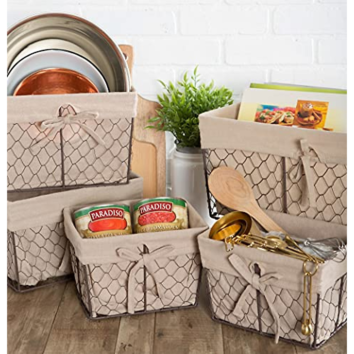 DII Farmhouse Chicken Wire Storage Baskets with Liner, Set of 5, Rustic Natural, Assorted Sizes