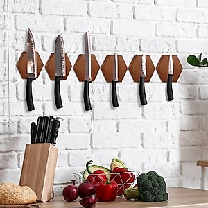 Layhit 6 Pcs Hexagon Magnetic Knife Holder Stand for Wall 2.36 Inch Magnetic Knife Block Wood Knife Wall Magnet Rack with Adhesive Tape and Screws for Kitchen Fridge Utensil Organizer Refrigerator