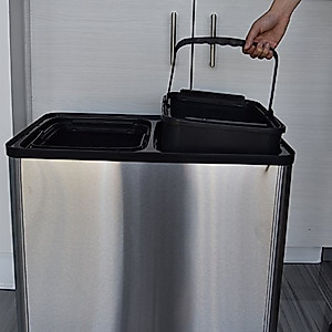 iTouchless 16 Gallon Touchless Trash Can and Recycle Bin Combo Unit with AC Adapter, Stainless Steel Automatic Sensor Kitchen Garbage Receptacle, 2 X 8 Gallon Removable Buckets with Handles