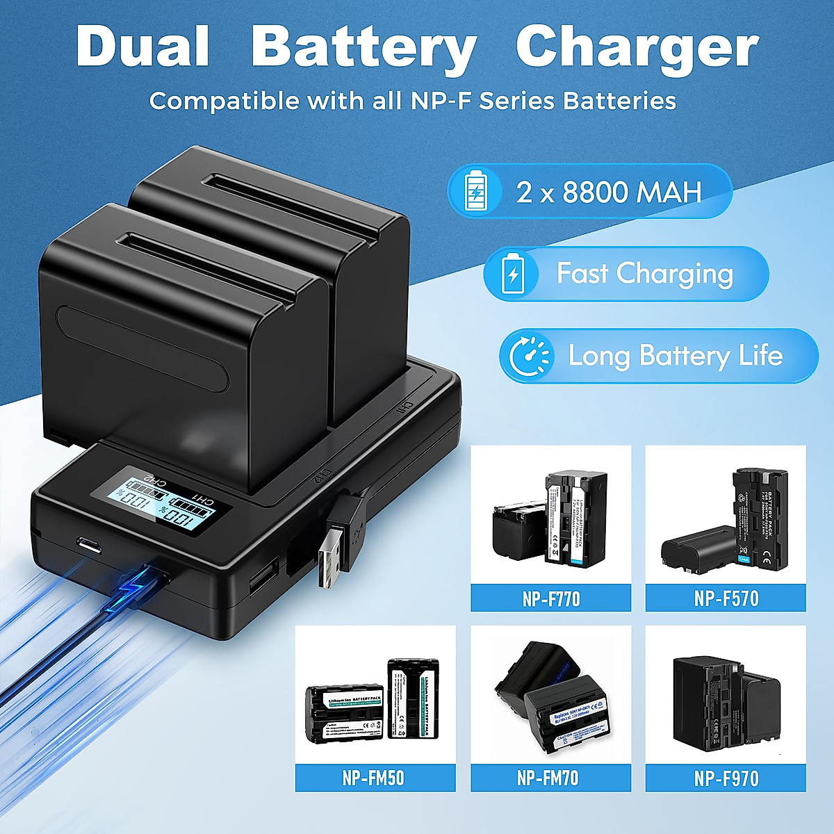2 x 8800mAh Rechargeable NP-F970 Batteries and Charger, NP-F970 Battery Replacement for Camorder/Video Camera/ Handycams/Monitor/Light Ring, Dual NPF Battery Charger for NP-F970/770/570, FM50/70/90